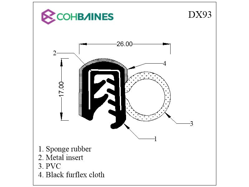 FLEXIBLE SELF GRIP RUBBER SIDE SEAL FLOCKED 1.6MM-3MM PANELS DX93